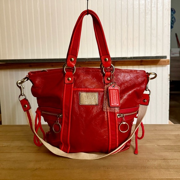 Coach | Bags | Coach Ruby Red Liquid Patent Poppy Spotlight Shoulder ...